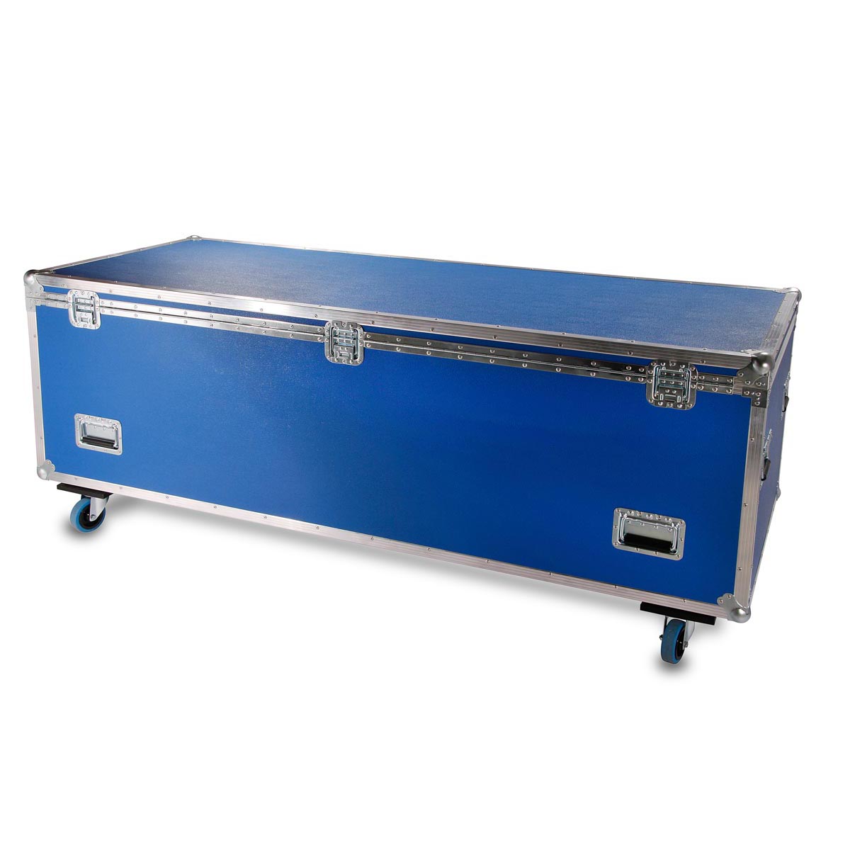 Profi-Transportcase in blau auf Rollen für Messewand | Megacase